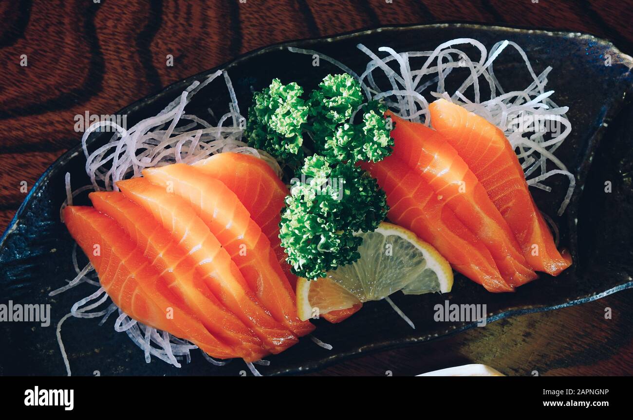 Red salmon sashimi at local restaurant in Kyoto, Japan Stock Photo - Alamy