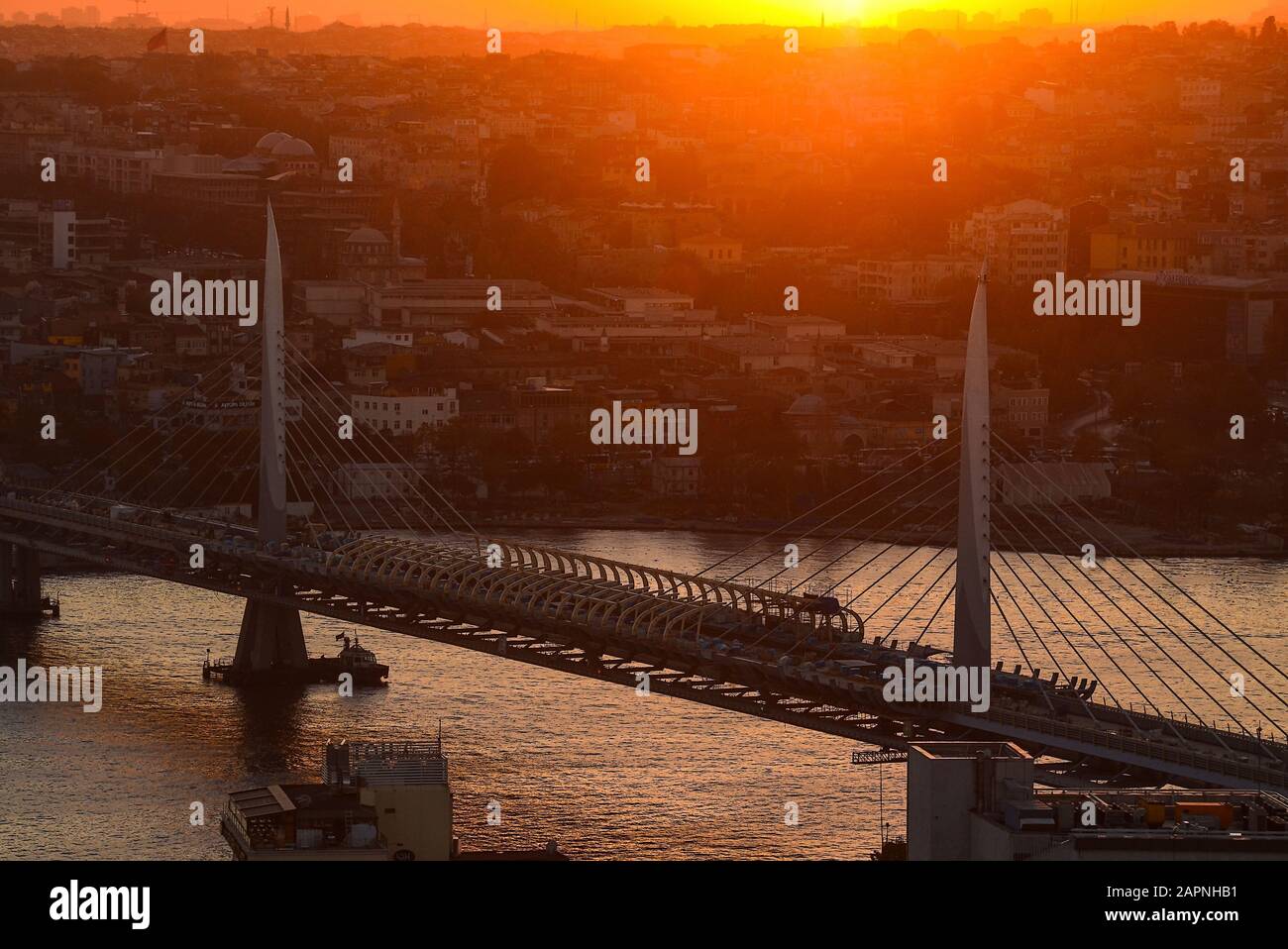 Sunset aerial view of Third Bridge, Yavuz Sultan Selim Bridge, Istanbul ...