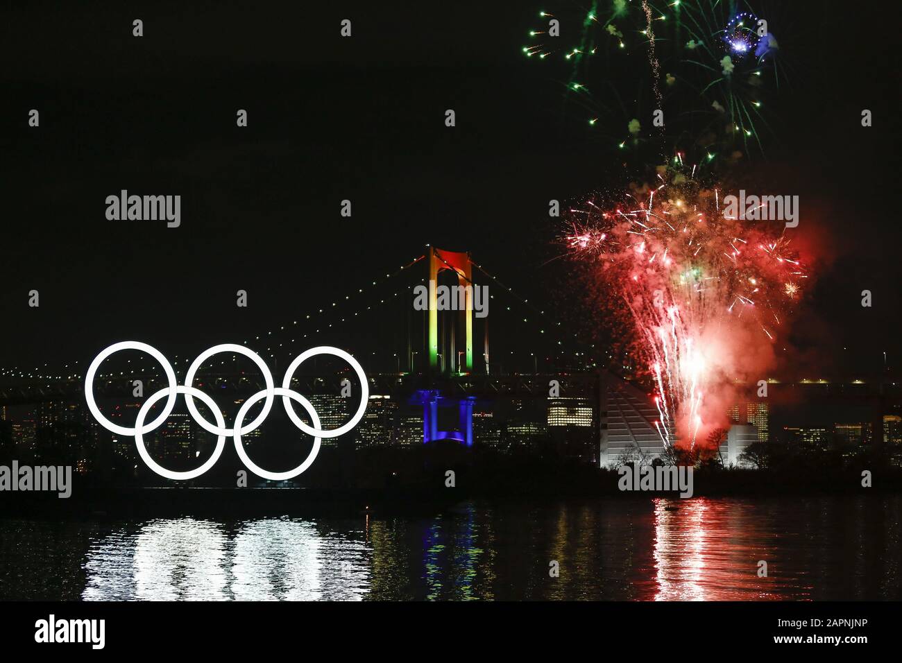 Tokyo, Japan. 24th Jan, 2020. Fireworks are seen behind the giant ...