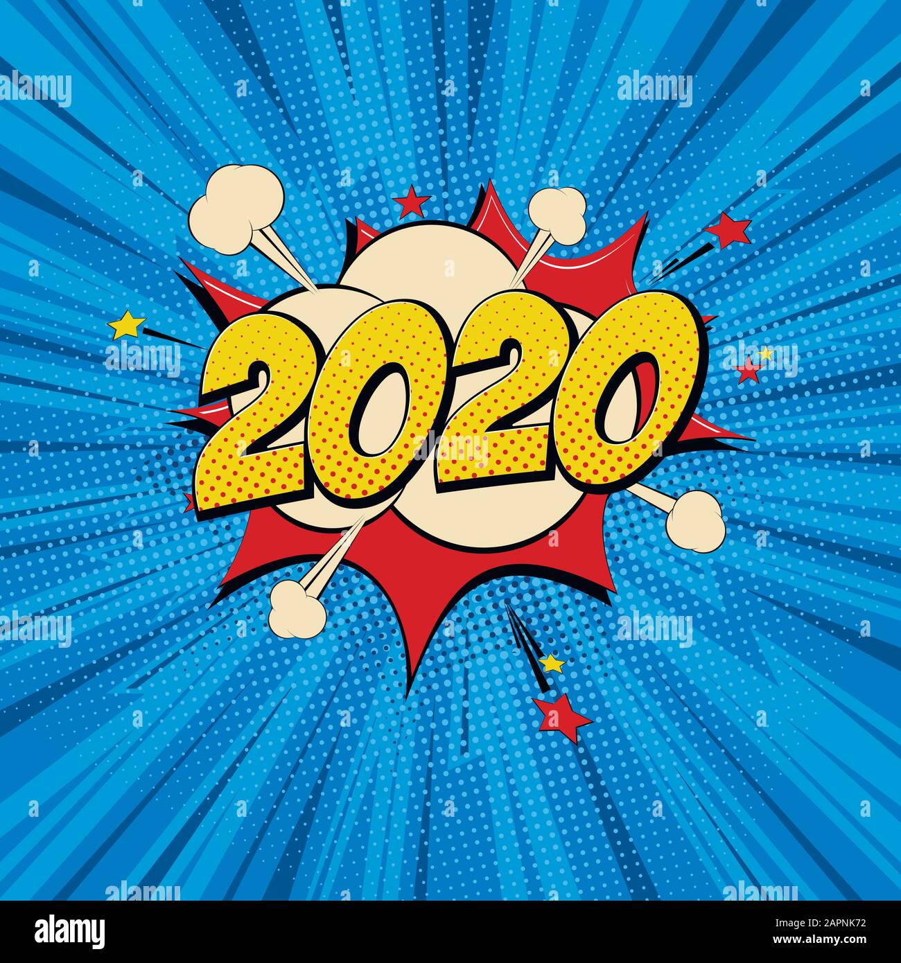 New Year 2020 pop art comic background lightning blast halftone dots ...