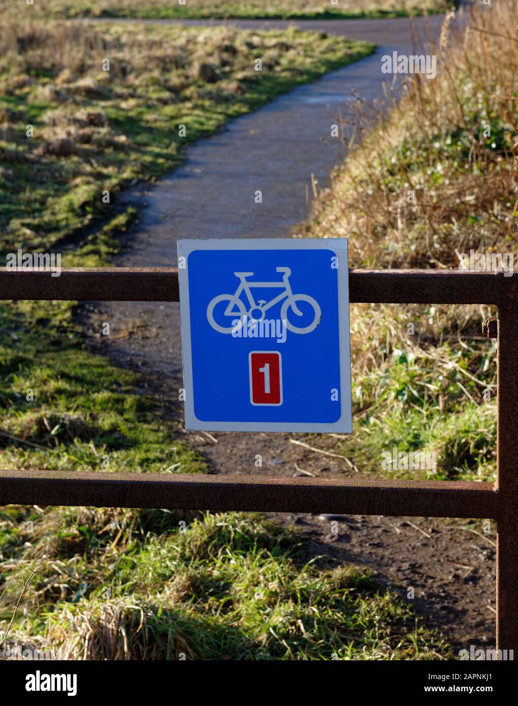 The blue painted square sign showing the route of the Scottish Coastal ...