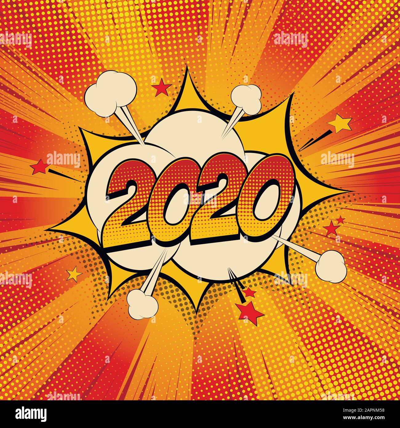 New Year 2020 pop art comic background lightning blast halftone dots ...