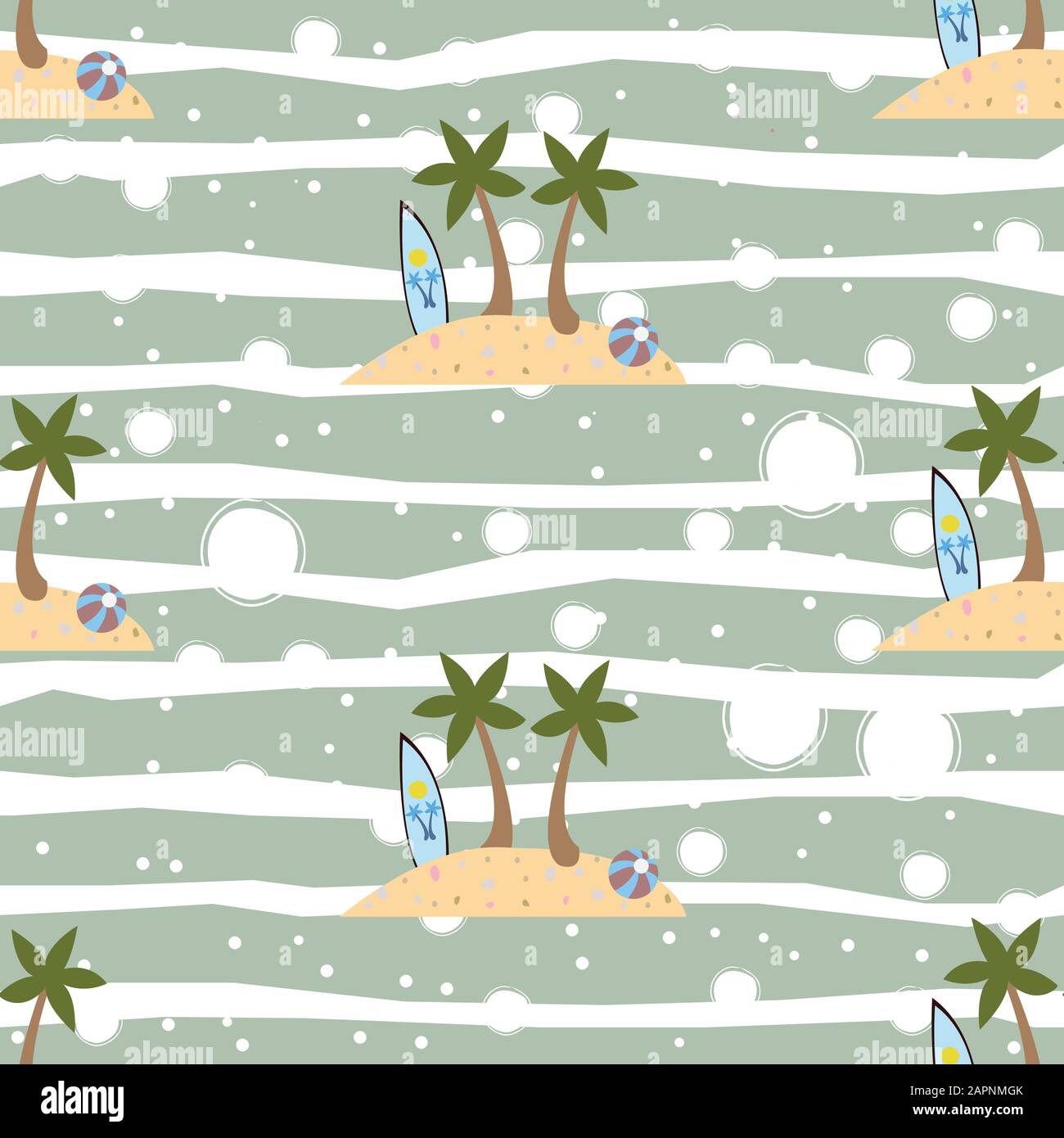 Seamless summer pattern with isolated island, surfing board, two palms ...