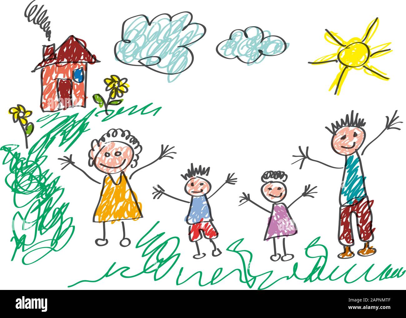 Vector drawing made by a child, happy family in the countryside Stock ...