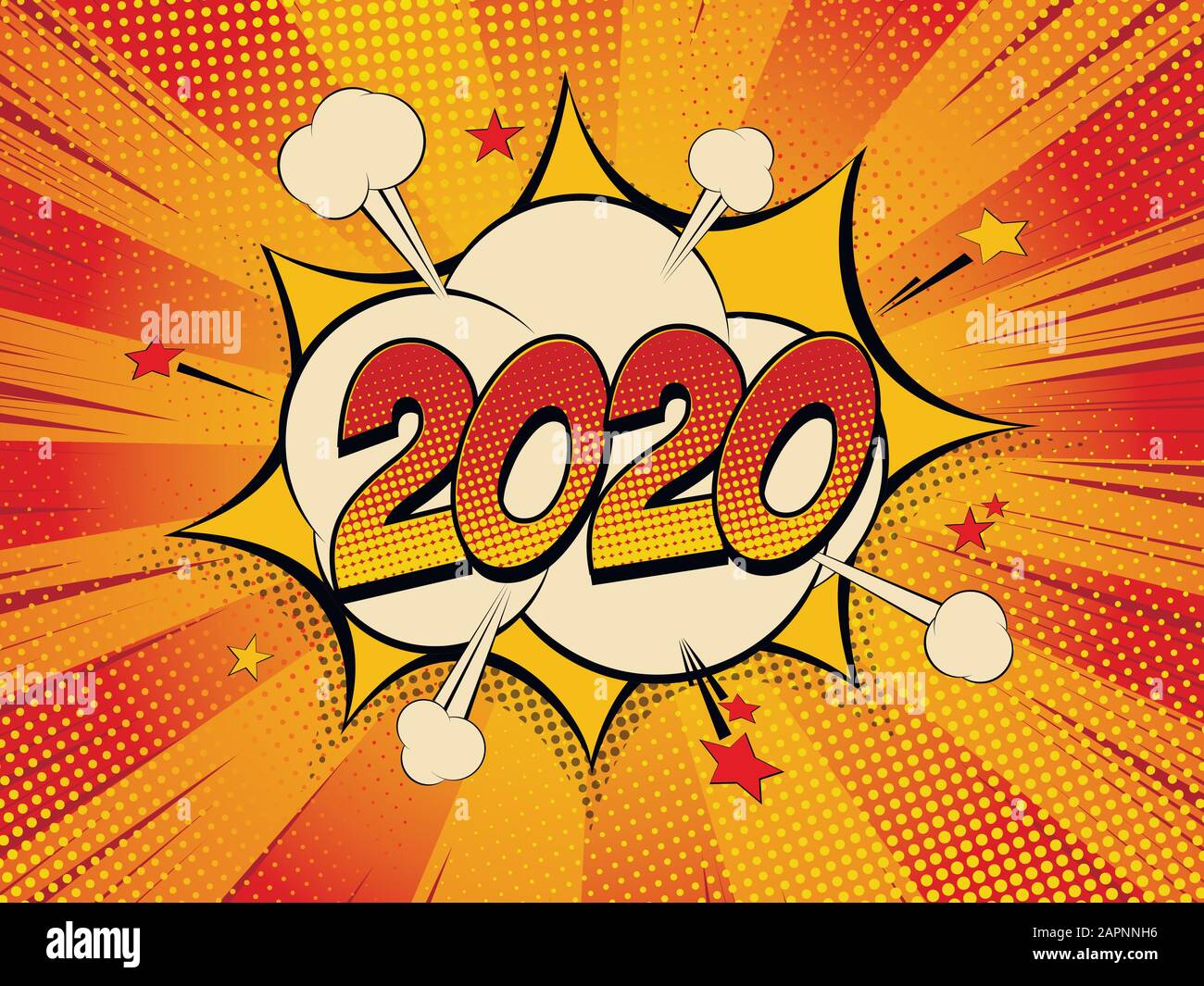 New Year 2020 pop art comic background lightning blast halftone dots ...