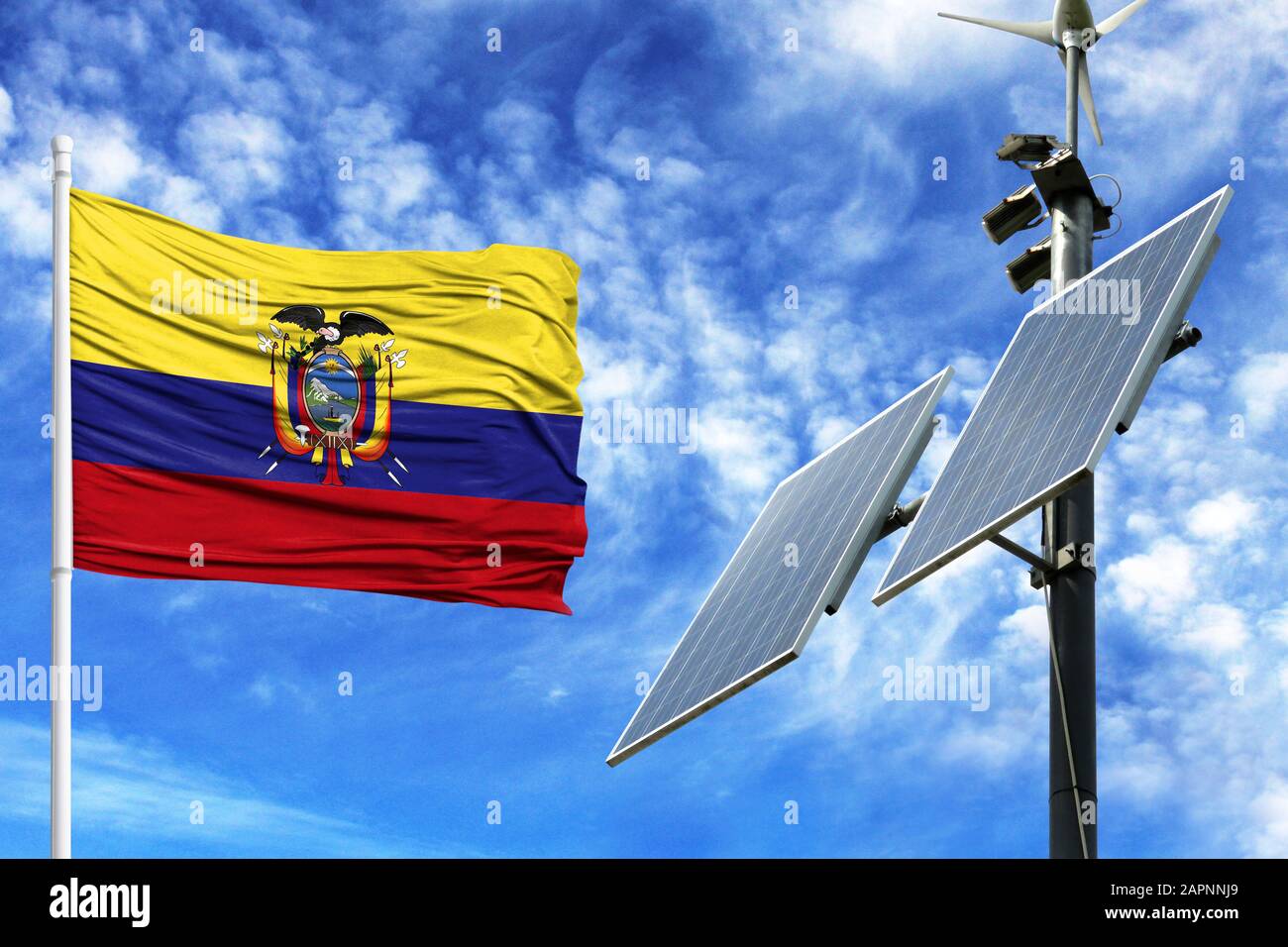 Solar panels on a background of blue sky with a flagpole and the flag ...