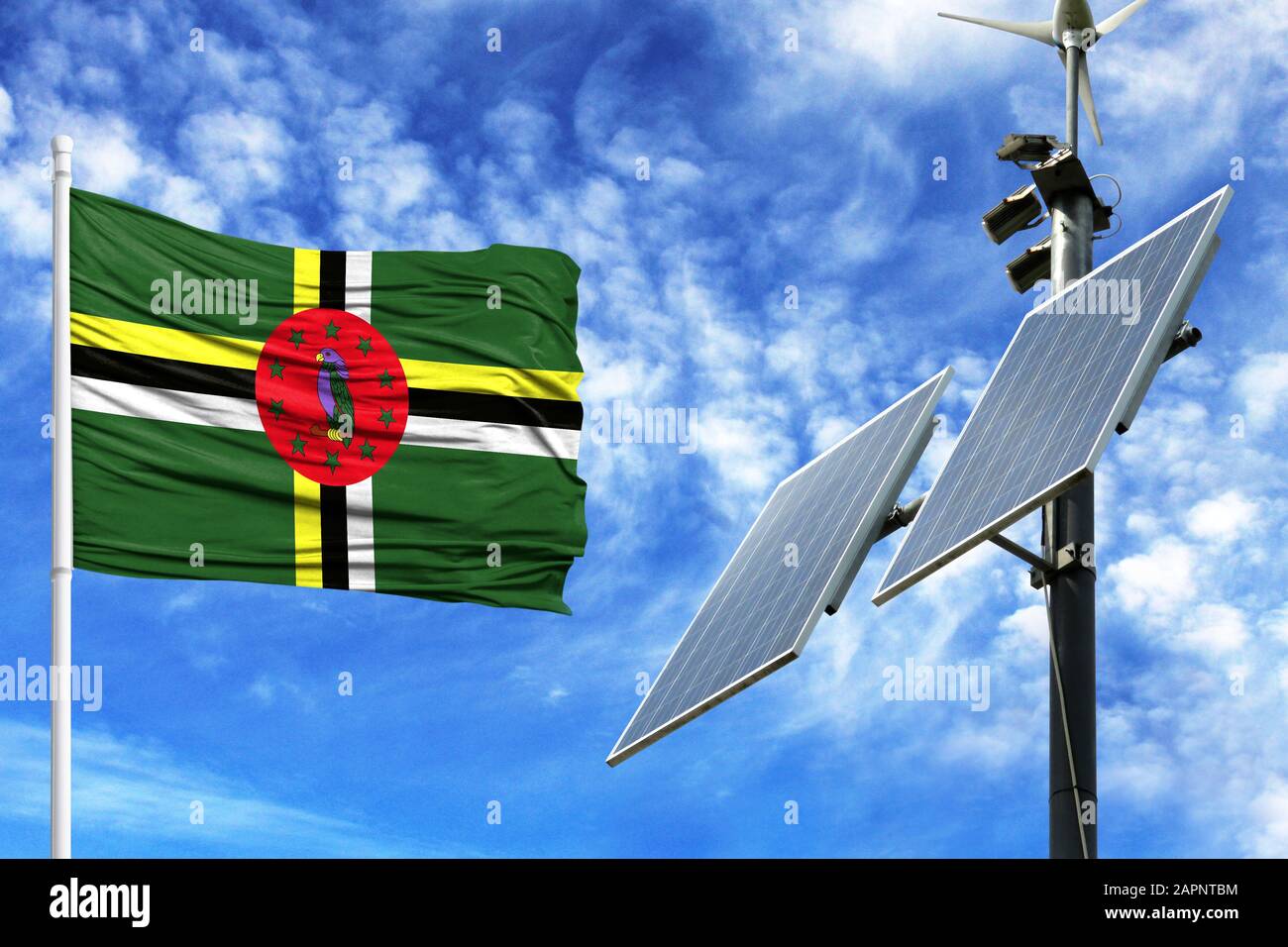 Solar panels on a background of blue sky with a flagpole and the flag ...