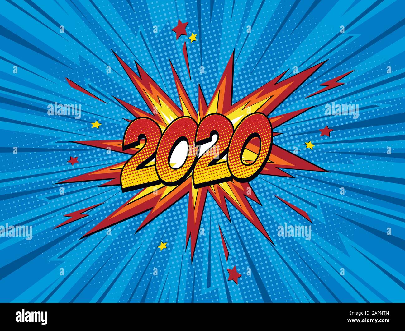 New Year 2020 pop art comic background lightning blast halftone dots ...