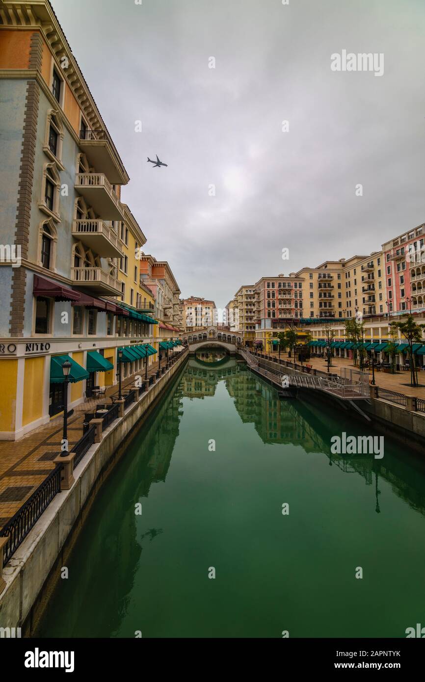 DOHA, QATAR - January 10 2020. Canal view in Venice-like Qanat Quartier ...