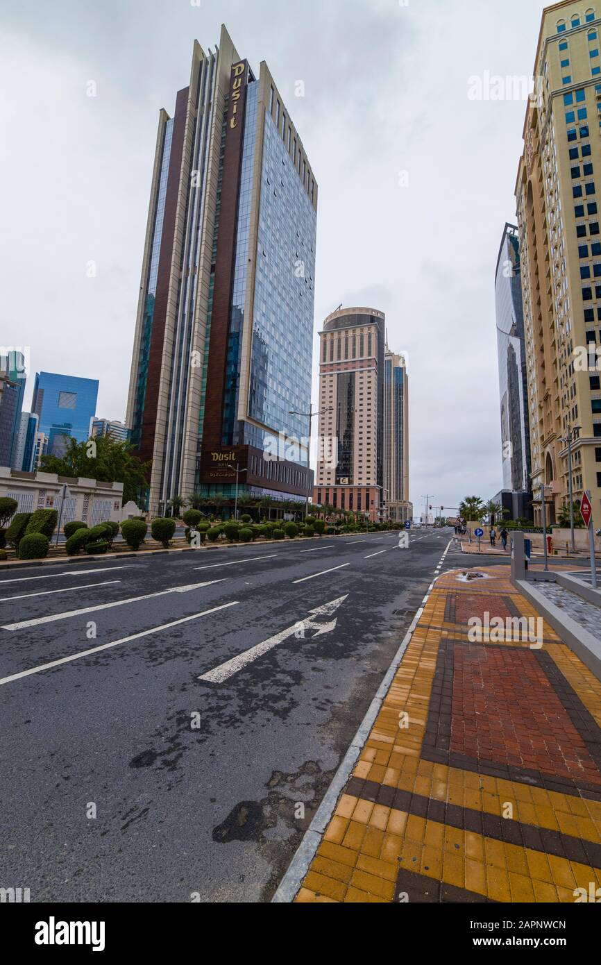 Doha, Qatar - july 10, 2020 : Street view of modern skyscrapers at ...