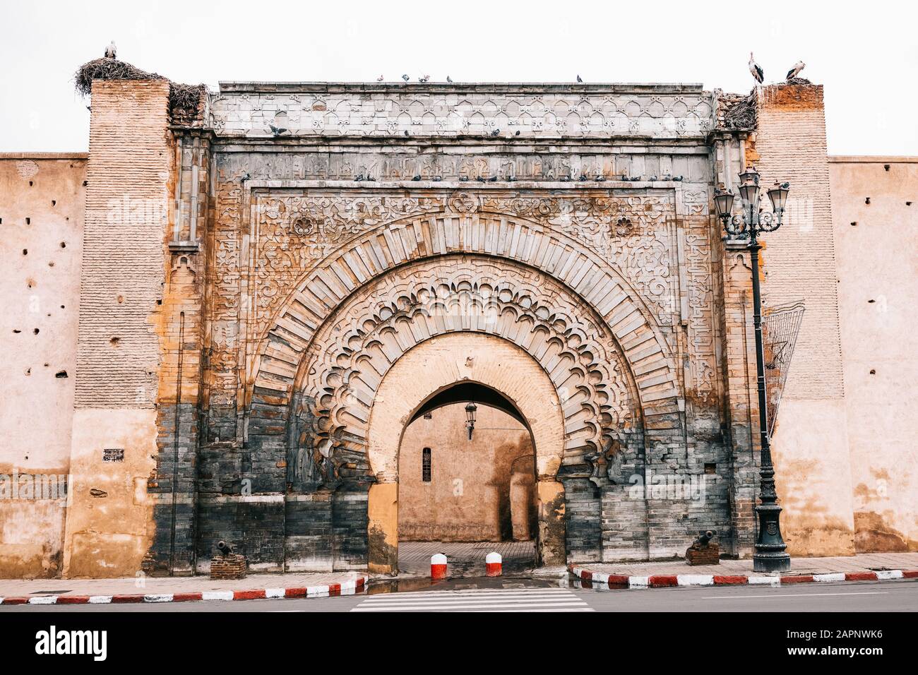 City gate Bab Agnaou with stork nests. Marrakech, Morocco Stock Photo ...