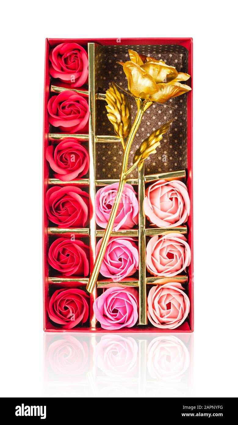 Collection roses in red box isolated on white background, Save clipping ...