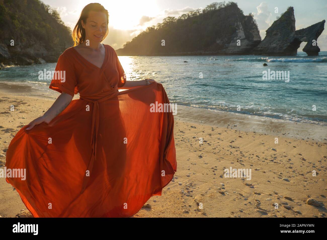 Woman at Atuh beach at Nusa Penida Island, Bali, Indonesia Stock Photo ...
