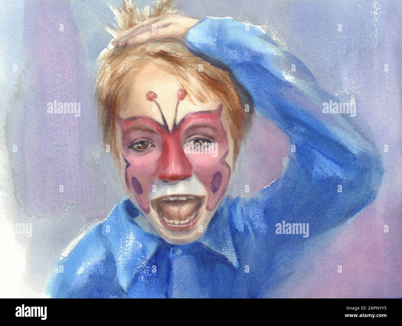 Boys portrait with a painted face like butterfly. Watercolor ...
