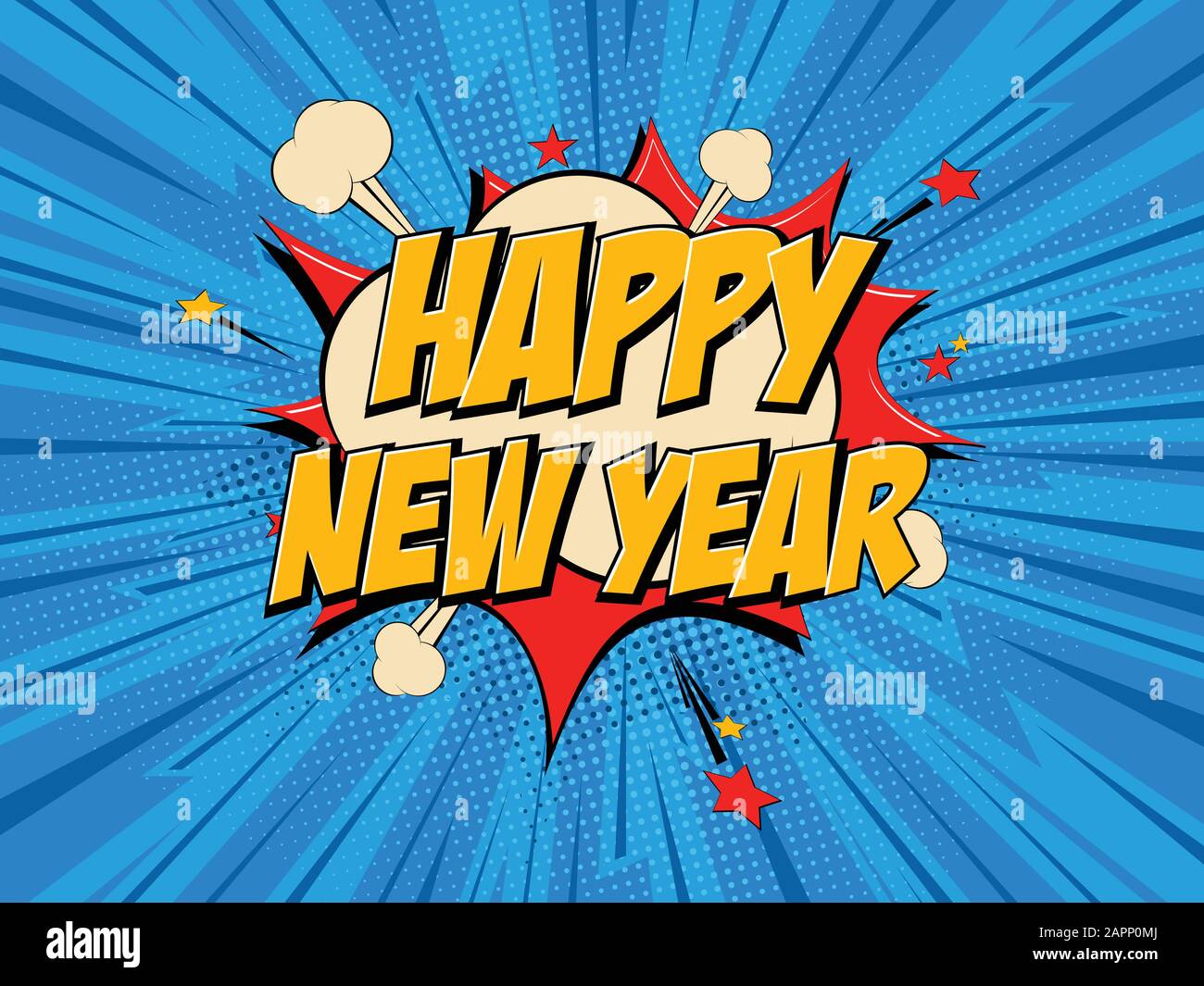Happy New Year pop art comic background lightning blast halftone dots ...