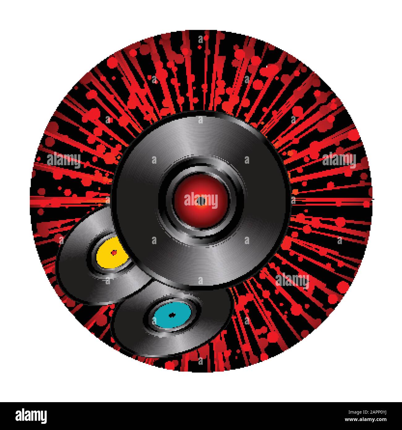 Trio Of Vinyl Discs Over Circular Black Border With Red Starburst On ...