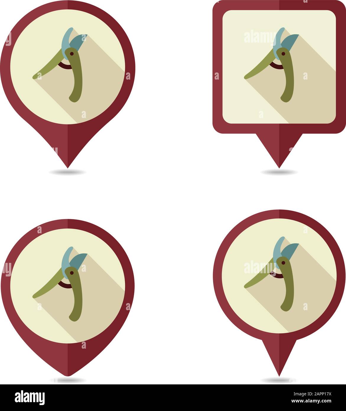 Secateurs, pruner, averruncator flat vector pin map icon. Map pointer ...