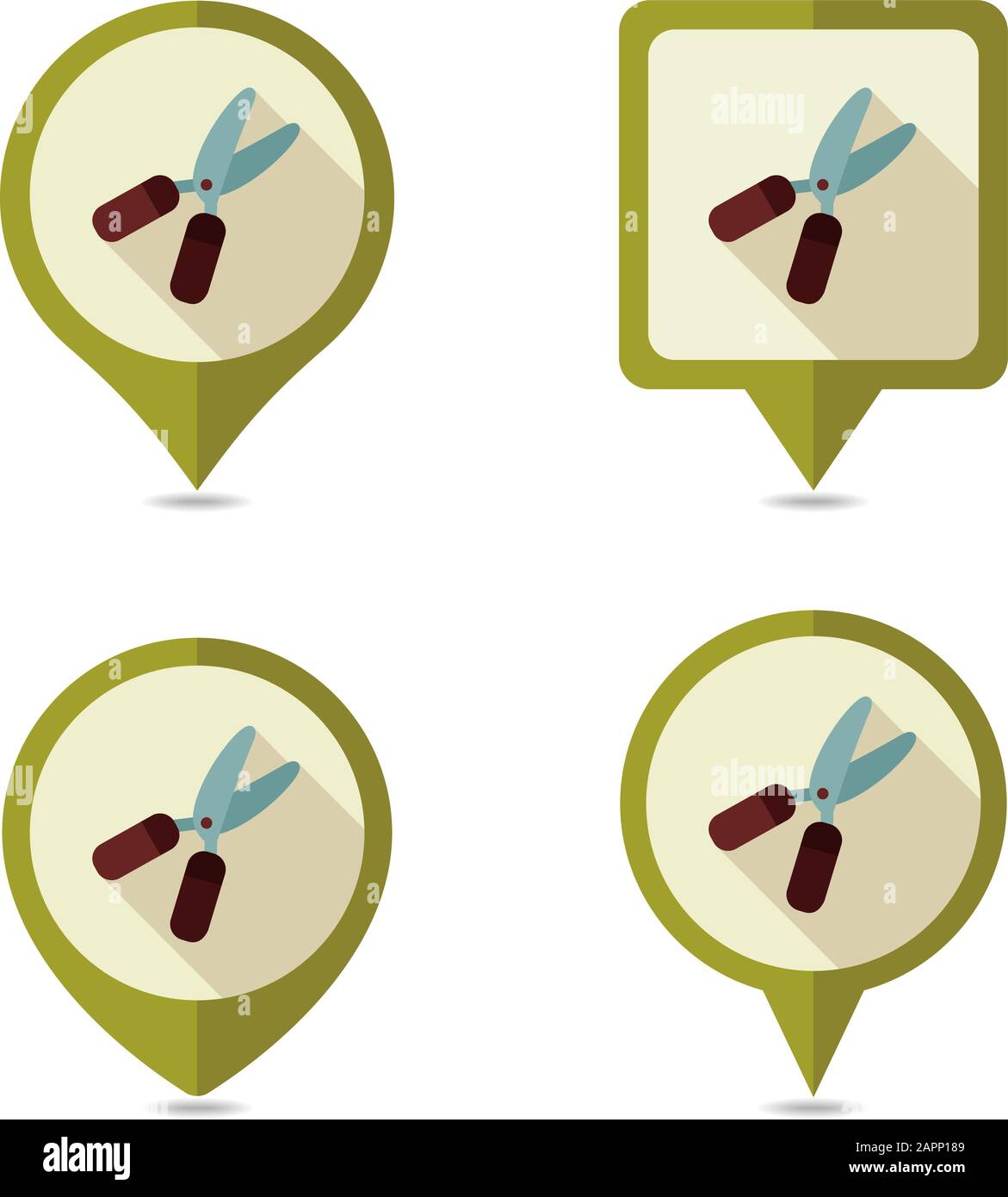 Secateurs, pruner, averruncator flat vector pin map icon. Map pointer ...