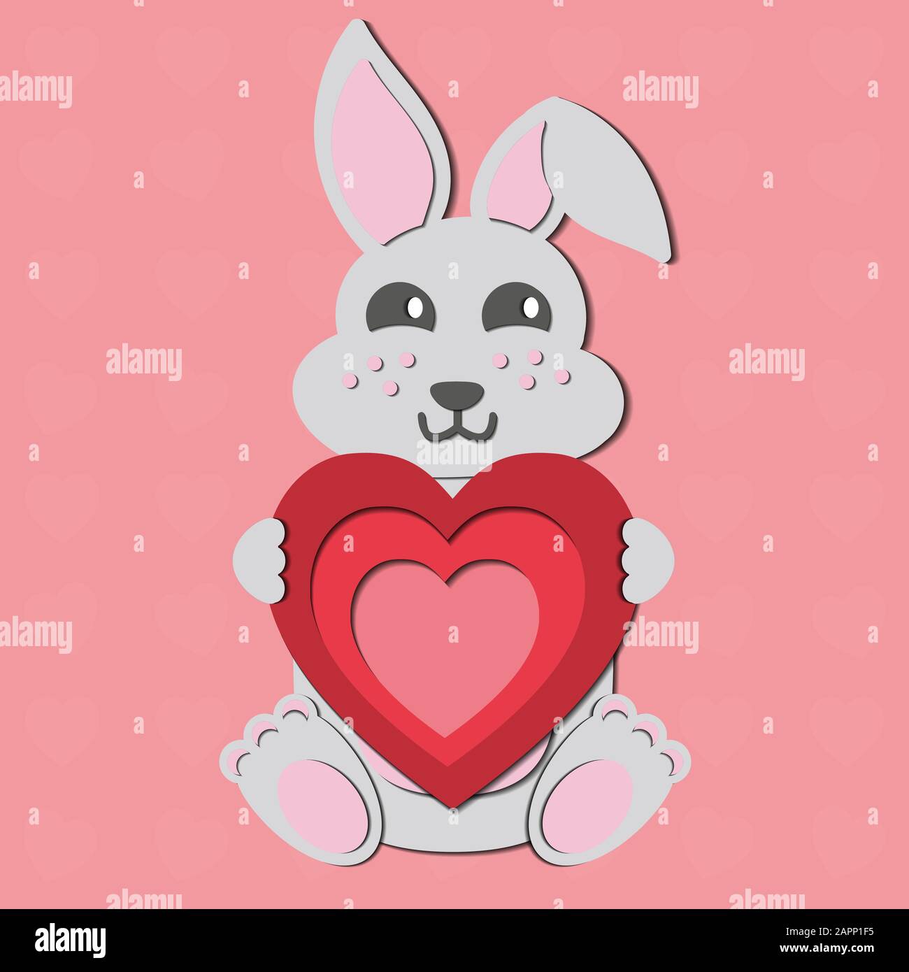 A valentines day vector drawing of a cute paper cut out bunny holding a ...