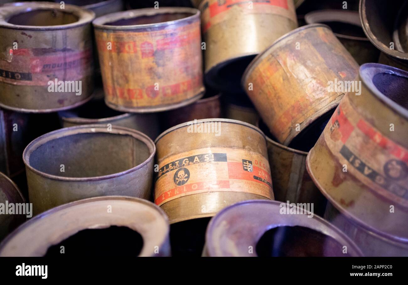 Oswiecim, Poland. 24th Jan, 2020. Empty poison gas cans of the ...