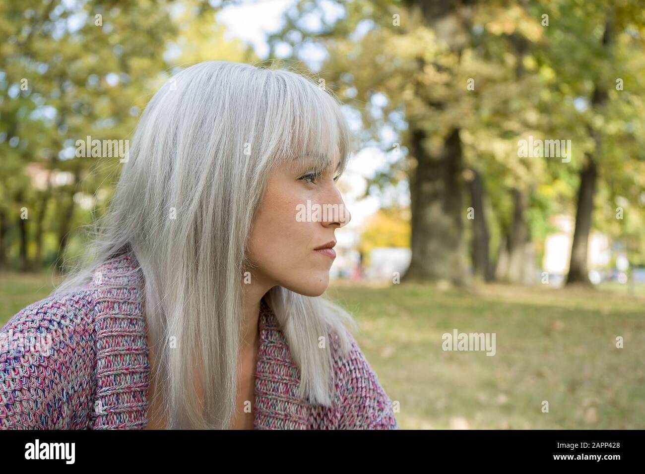 Outdoors portrait of a woman. Profile view. Silver hair Stock Photo - Alamy