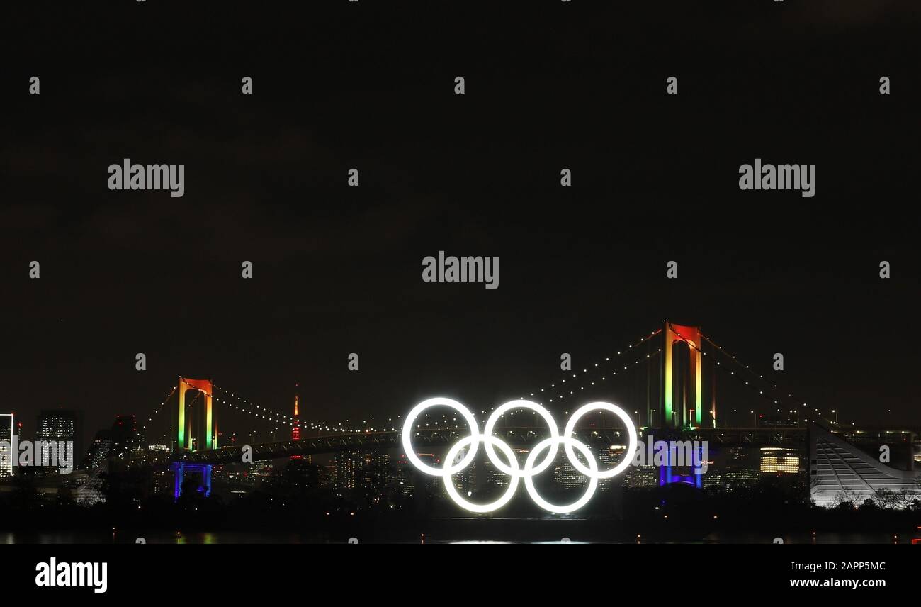 Tokyo, Japan. 24th Jan, 2020. Olympic rings are illuminated during an ...