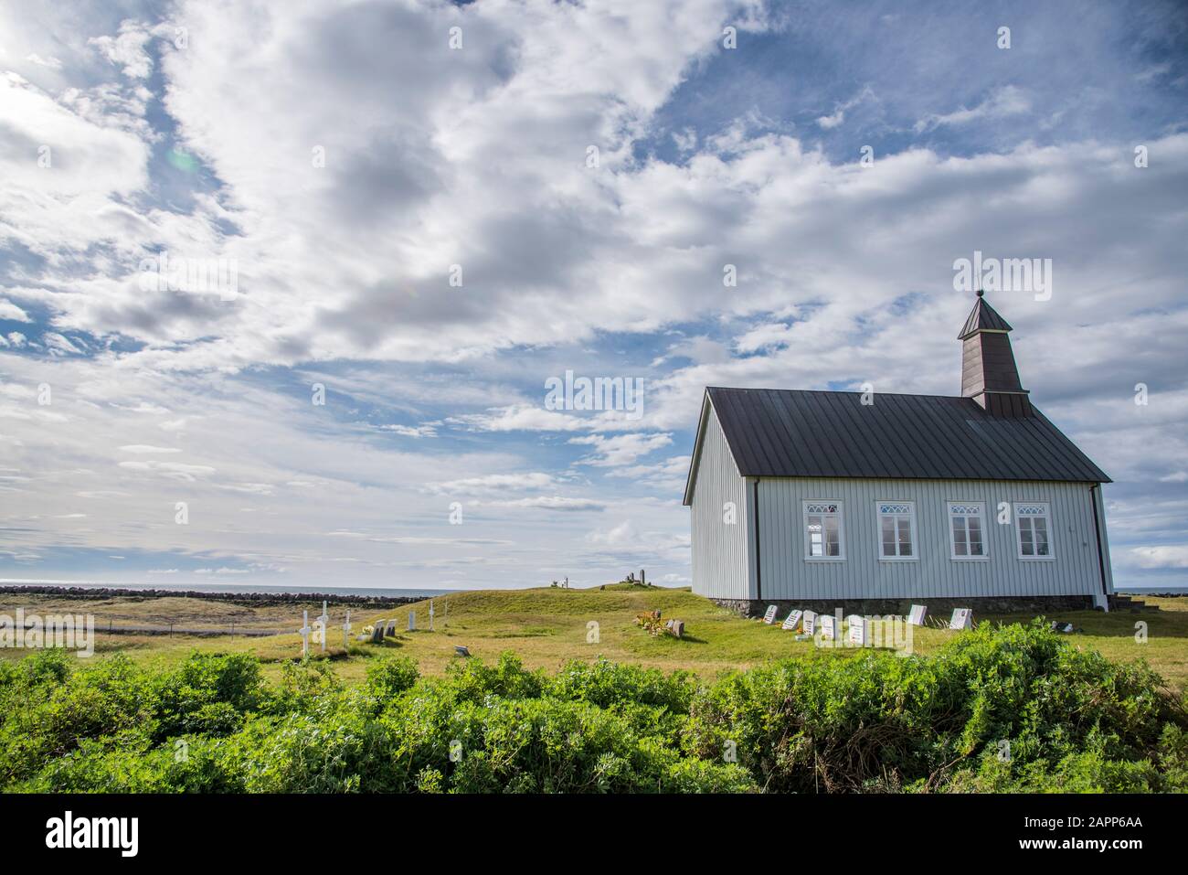 Strandarkirkja, Selvogur, Iceland. With White clouds and blue sky Stock ...