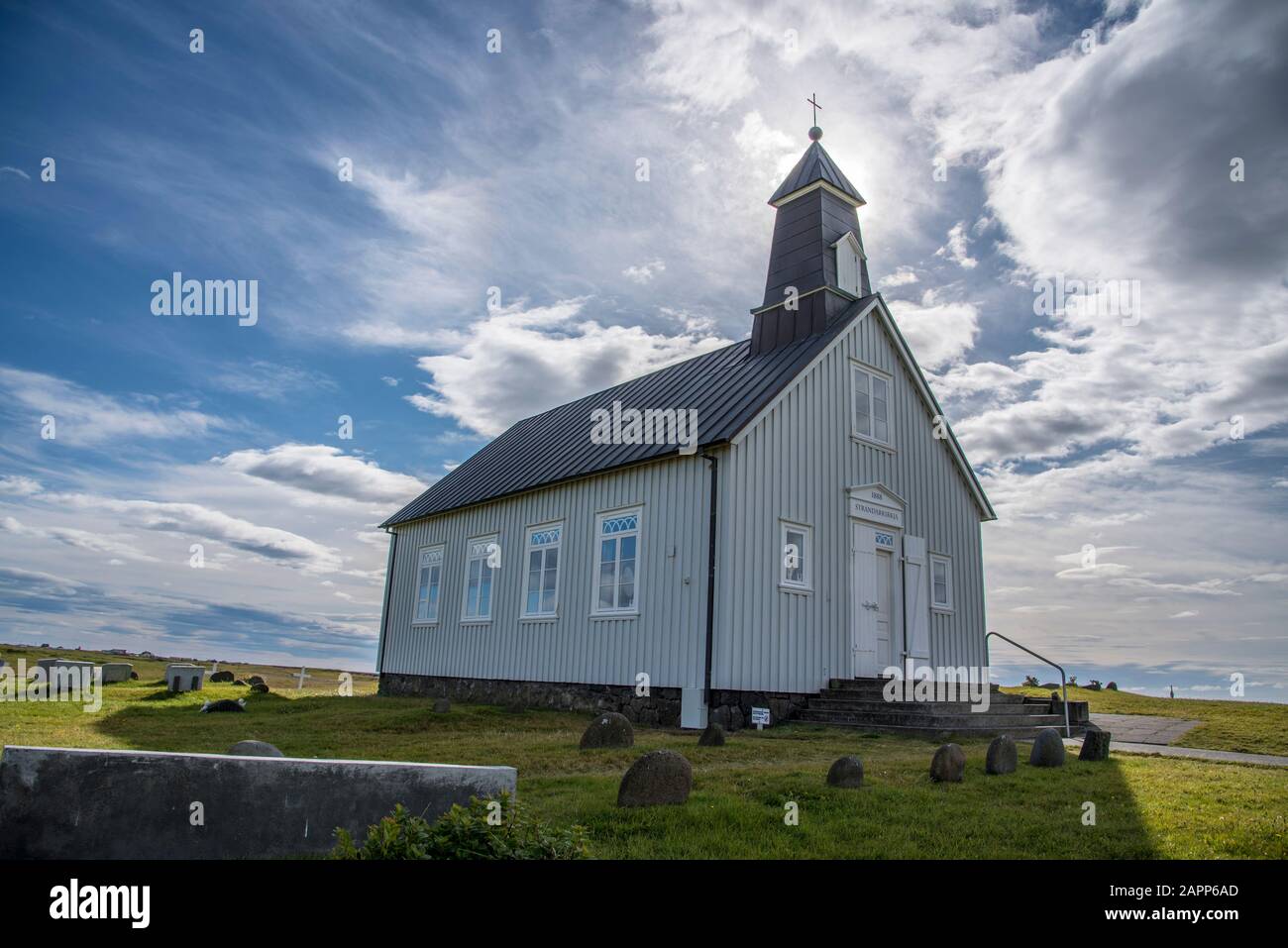Strandarkirkja, Selvogur, Iceland. With White clouds and blue sky Stock ...