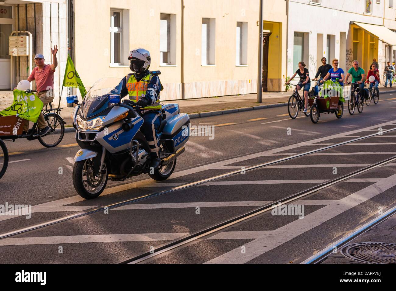 police motorcycle at a demonstration for more safety for cyclists ...