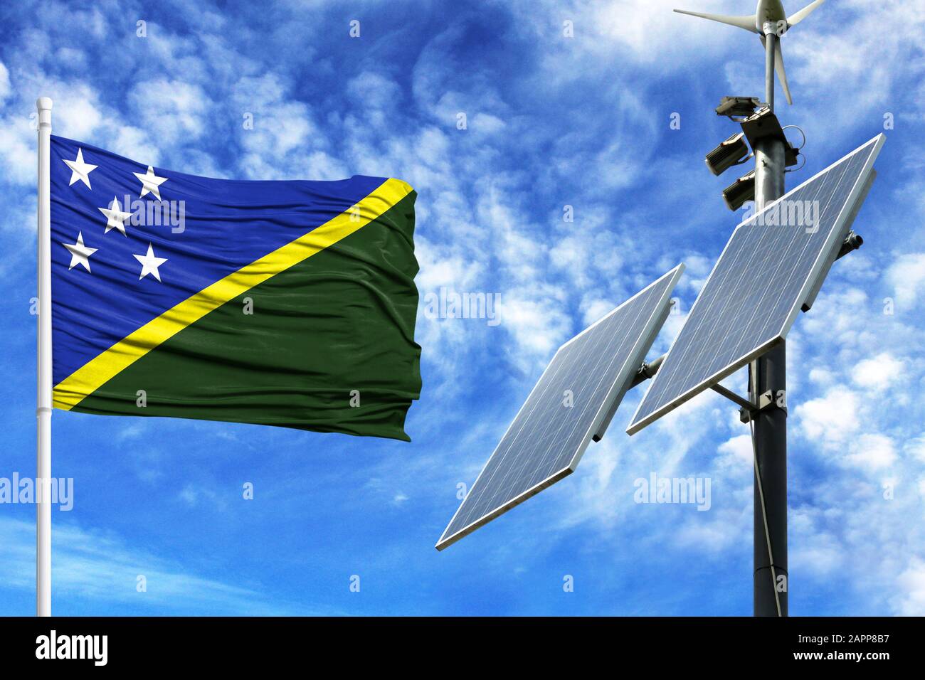 Solar panels on a background of blue sky with a flagpole and the flag ...