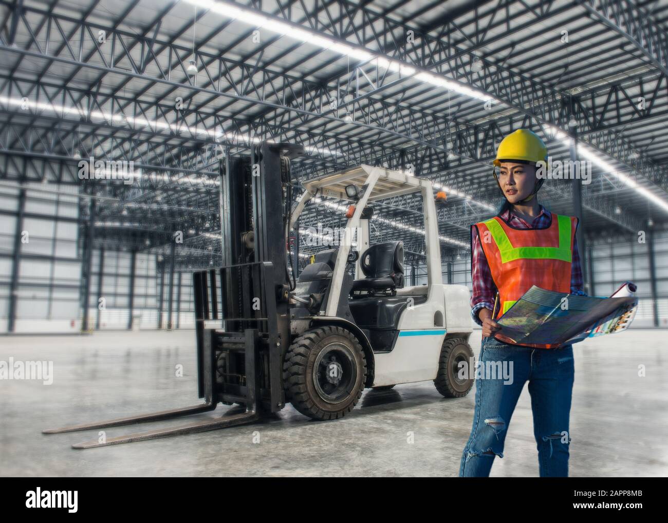 Woman working with a forklift in a warehouse Stock Photo - Alamy