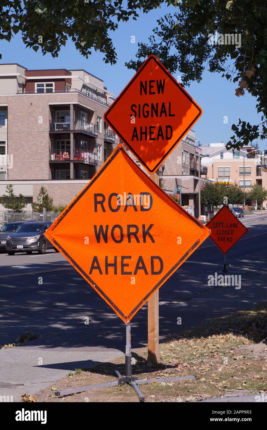 Road signs informing about a change in traffic organization.Road works ...