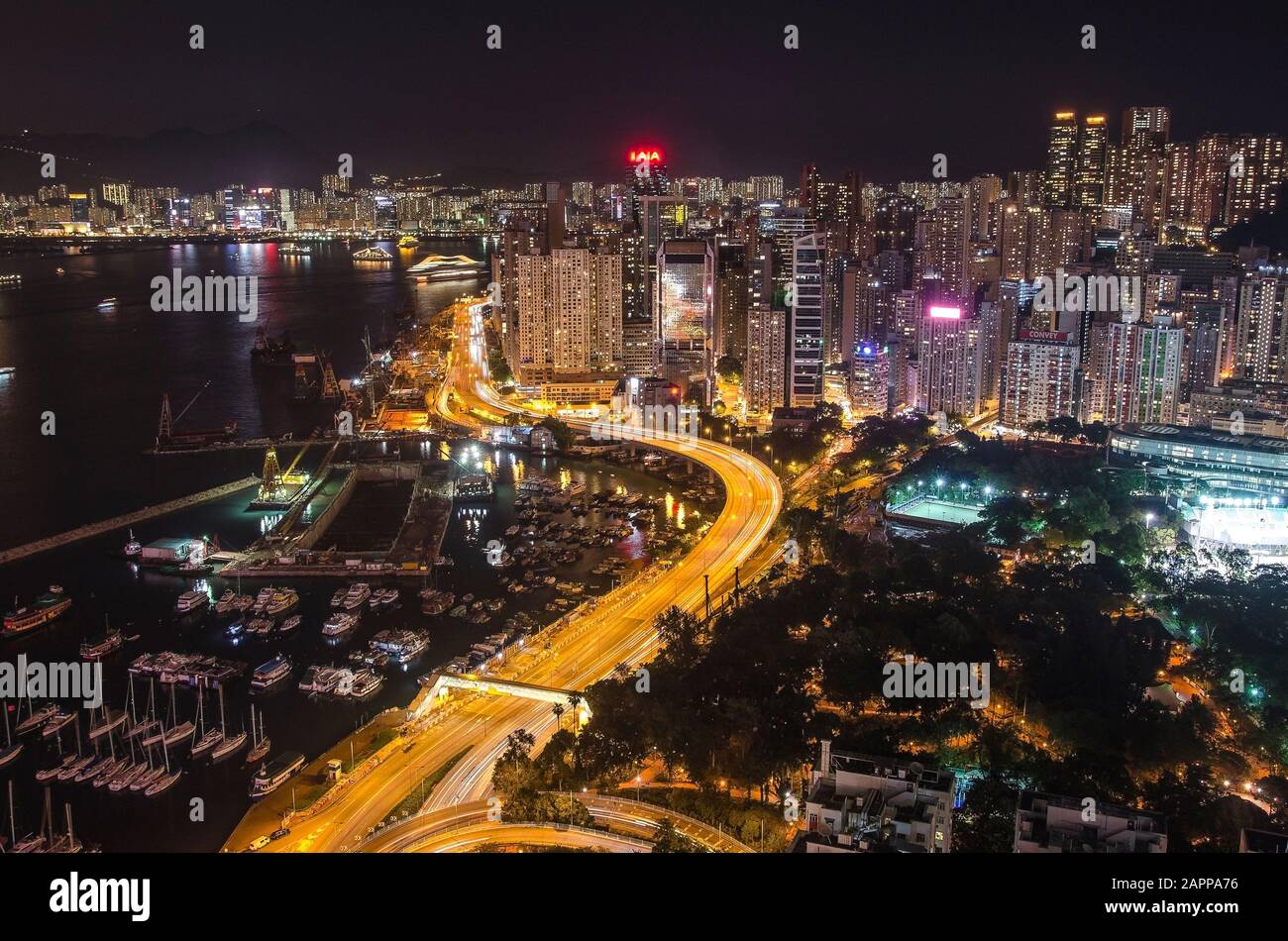 Hong Kong night landscape. Aerial view of Hong Kong from the roortop ...