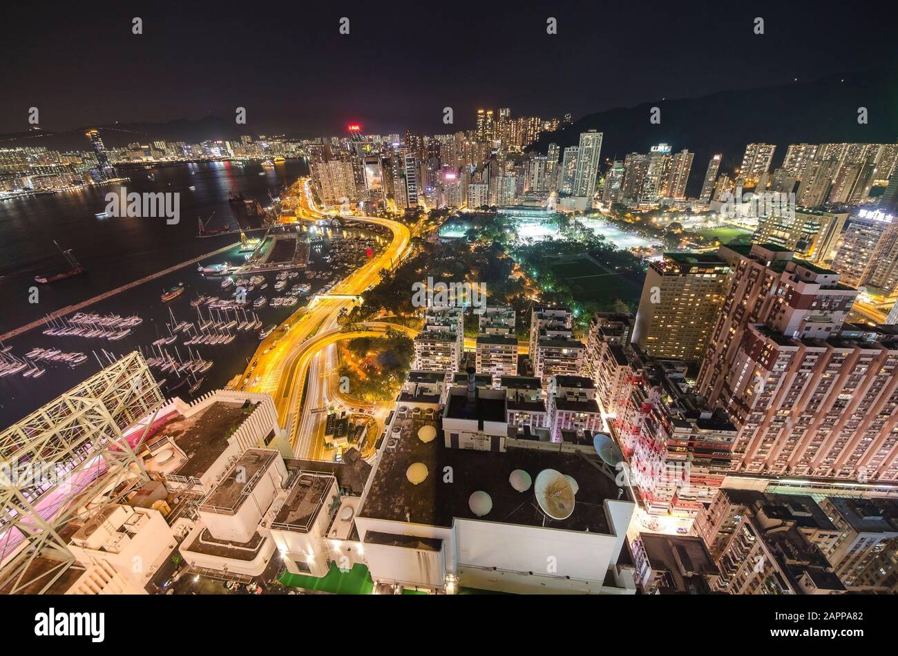Hong Kong night landscape. Aerial view of Hong Kong from the roortop ...