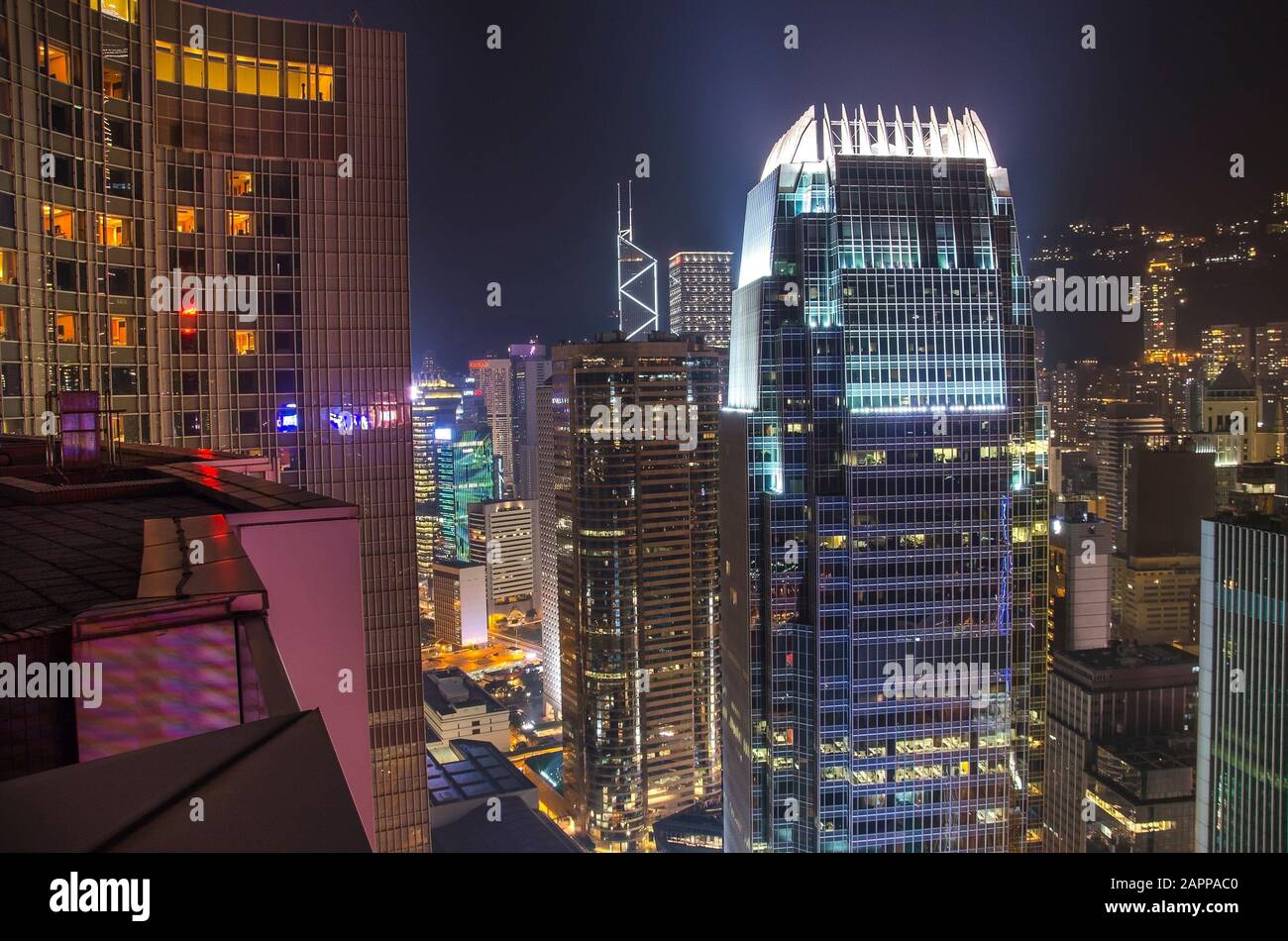 Hong Kong night landscape. Aerial view of Hong Kong from the roortop ...