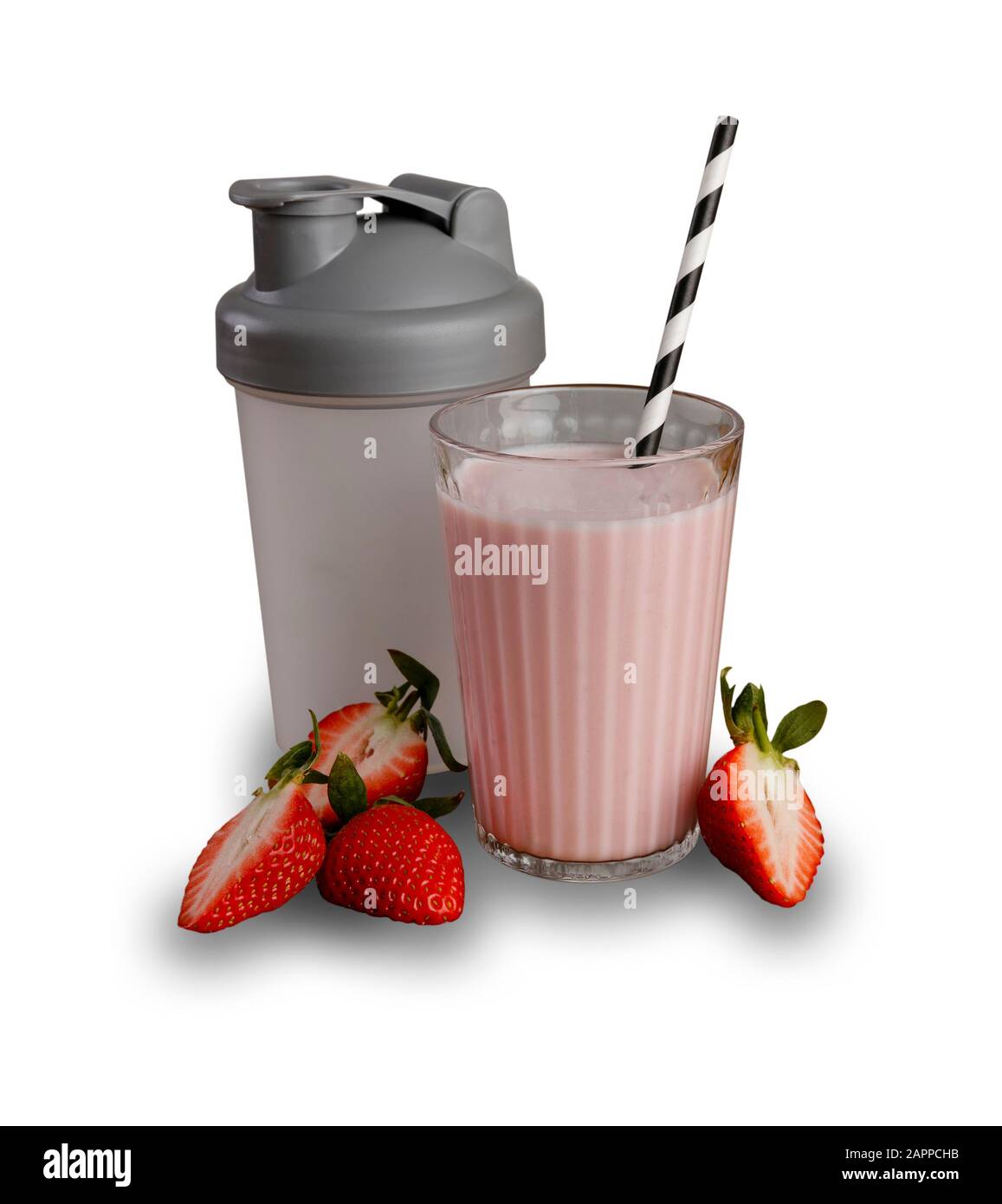 Strawberry orange milkshake, ingredients, and paper straw, isolated on ...