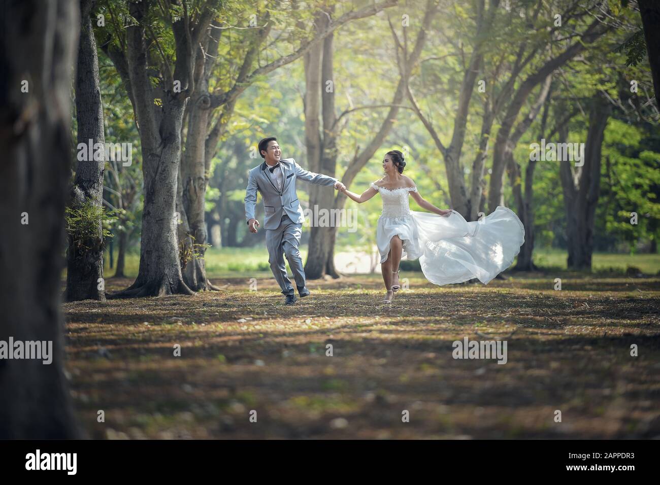 Bride and groom running and park and holding hands Stock Photo - Alamy