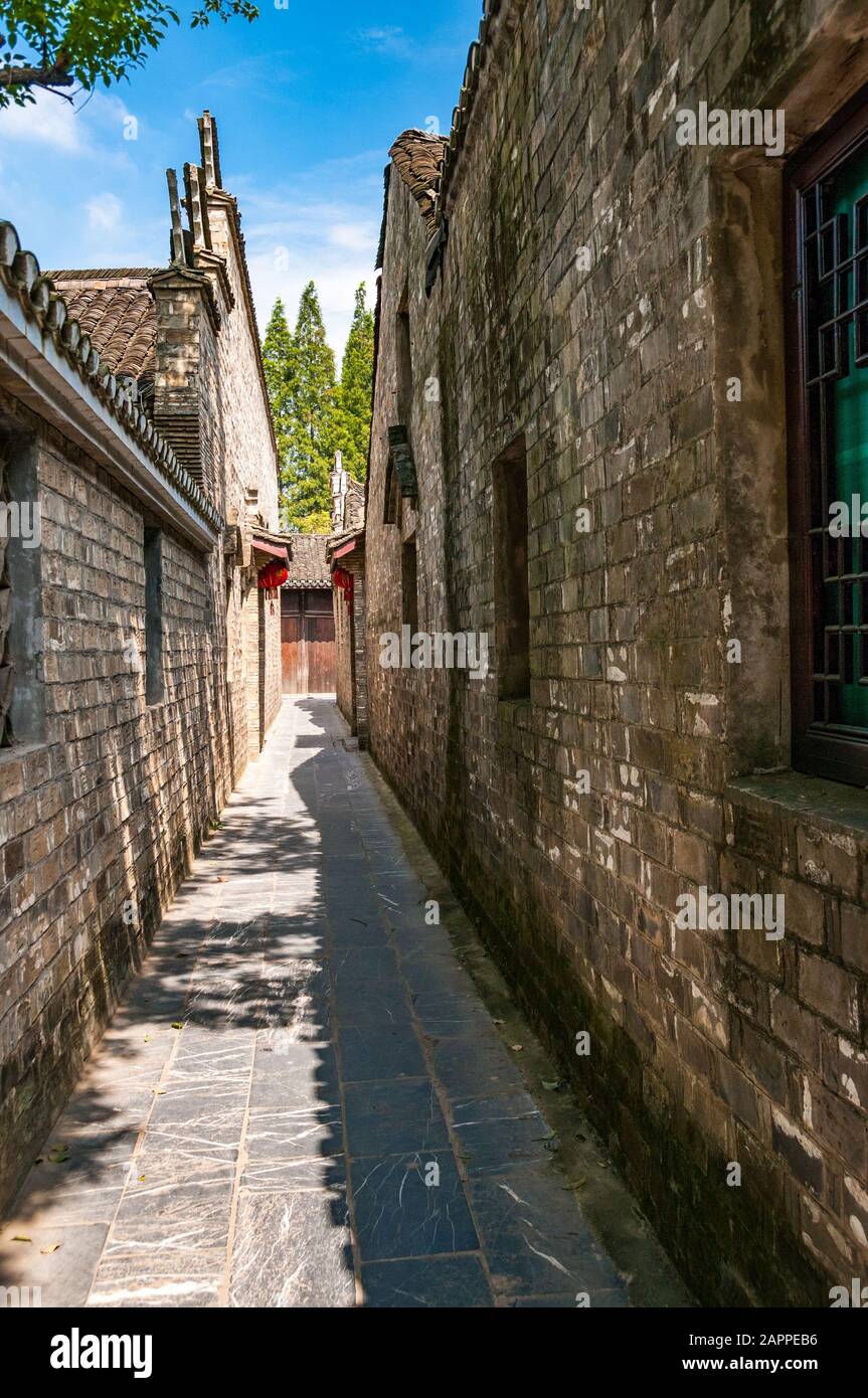Hezhong Alley in Sanhe old town seen in summer with its cobbled narrow ...