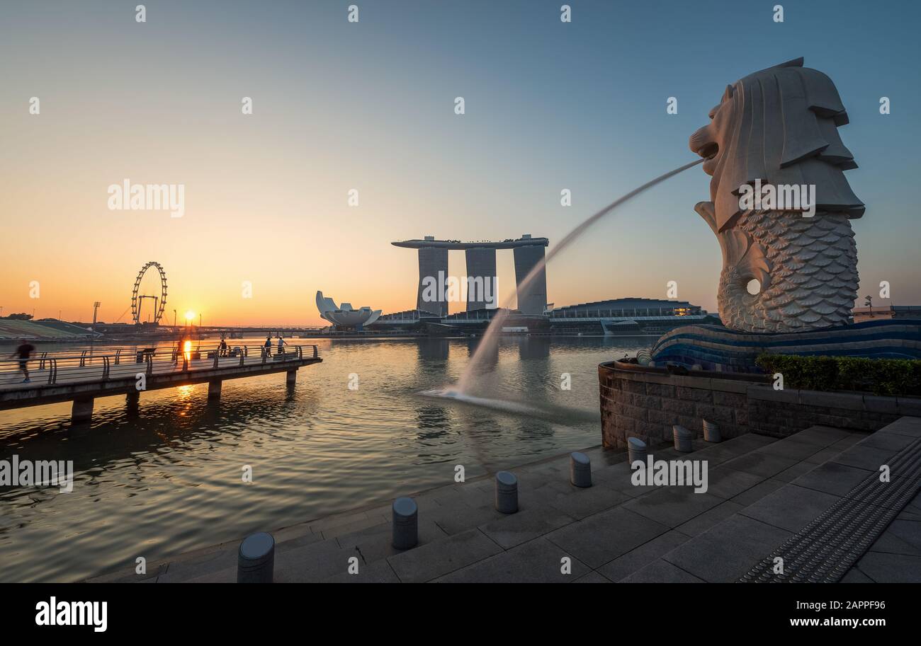 Singapore landmark Merlion with sunrise Stock Photo - Alamy