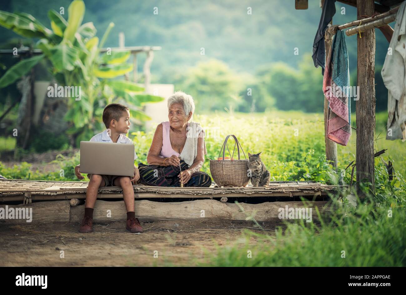 Happy boy and grandmother using laptop Stock Photo - Alamy