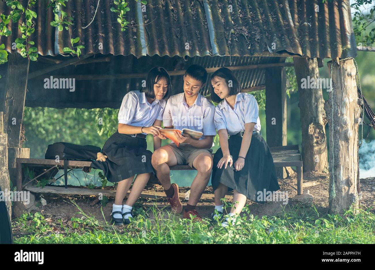 Education, Student, People concept - Group of Asian students in uniform ...