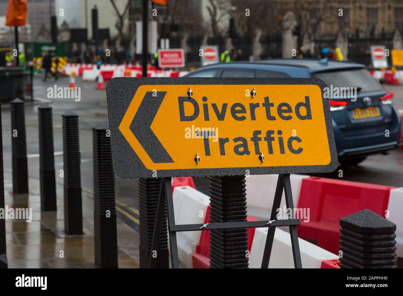 Diverted traffic road sign on a rainy street in London Stock Photo - Alamy