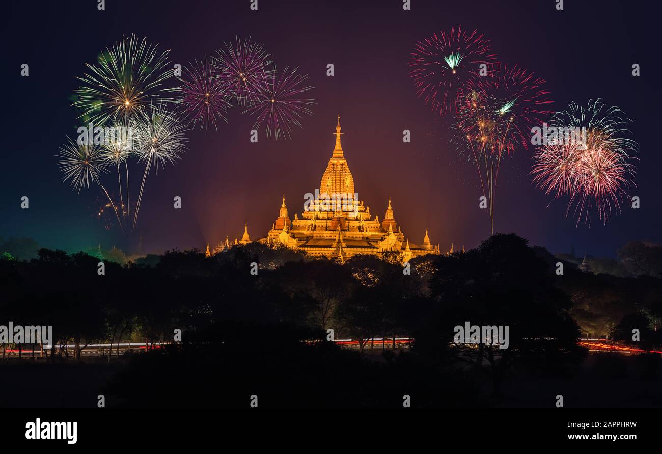 Ancient Temples in Bagan at nigth with fireworks, Myanmar Stock Photo ...