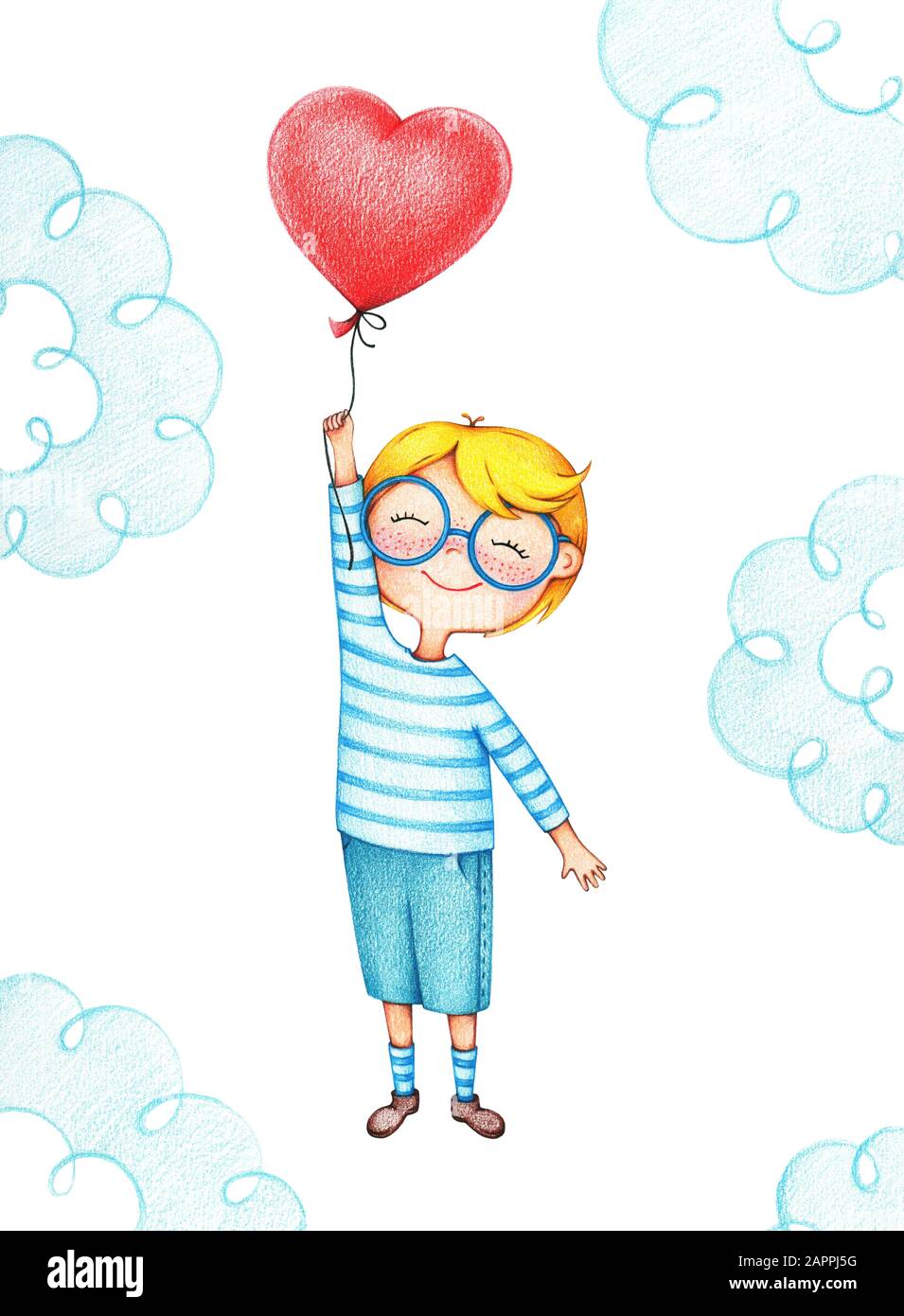 Hand drawn of illustration of sentimental happy boy Stock Photo - Alamy