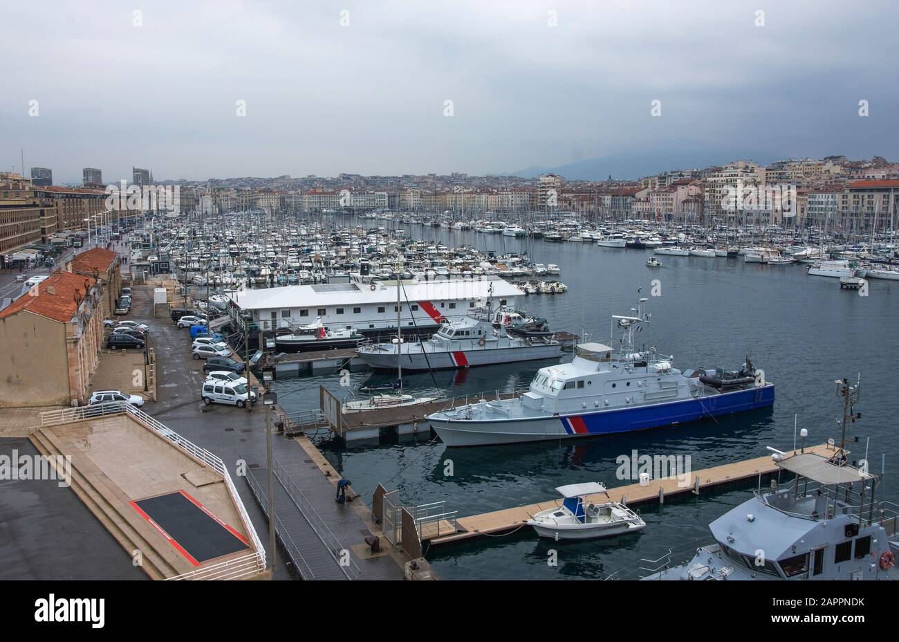 Aerial panoramic view on basilica of Notre Dame de la Garde and old ...