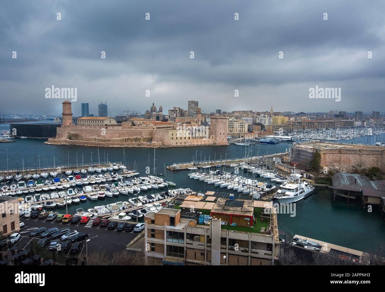 Aerial panoramic view on basilica of Notre Dame de la Garde and old ...