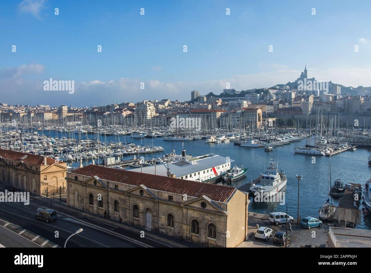 Aerial panoramic view on basilica of Notre Dame de la Garde and old ...