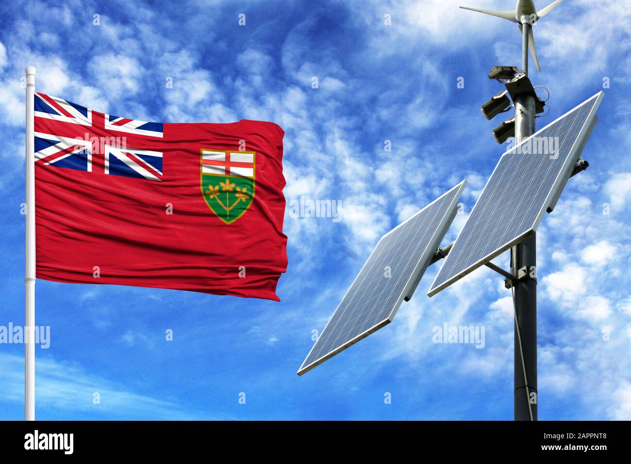 Solar panels on a background of blue sky with a flagpole and the flag ...