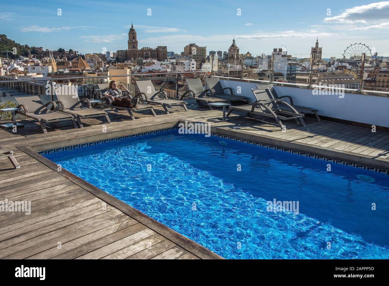 Spain - Malaga swimming pool on the rooftop at downtown of Malaga city ...