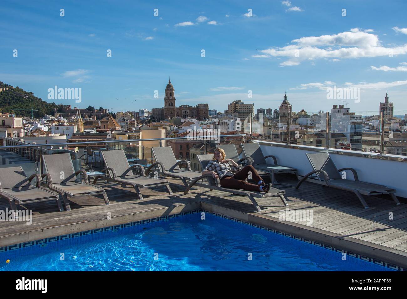 Spain - Malaga swimming pool on the rooftop at downtown of Malaga city ...